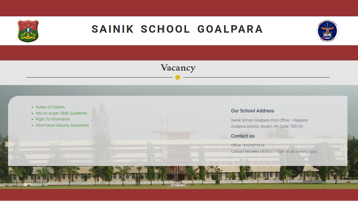 Sainik School Goalpara Assam Recruitment 2025